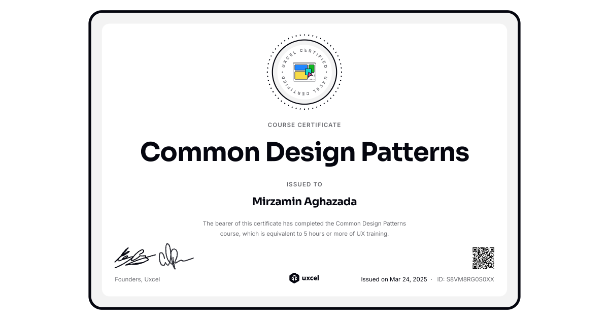 Certificate of completion for Common Design Patterns | Uxcel