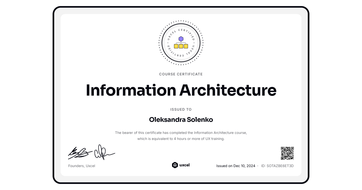 Certificate of completion for Information Architecture | Uxcel