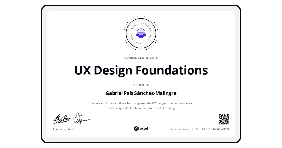 Certificate of completion for UX Design Foundations | Uxcel