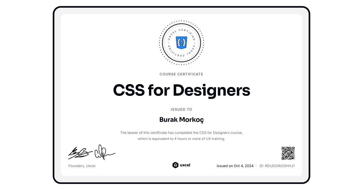Certificate of completion for CSS Foundations | Uxcel