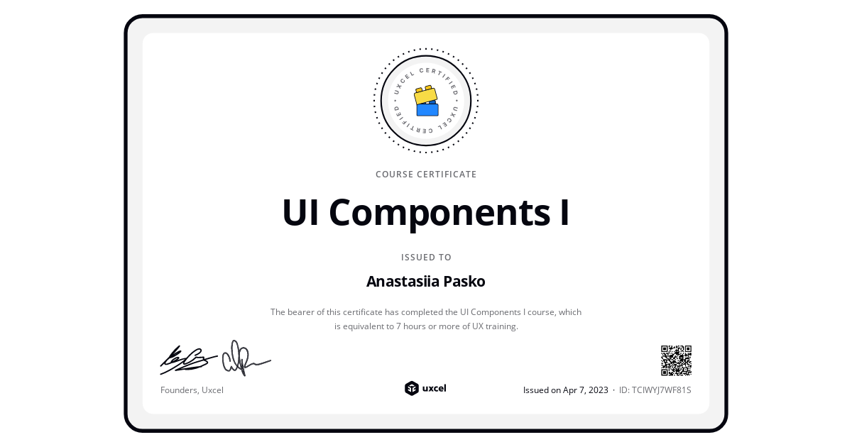 Certificate of completion for UI Components I | Uxcel