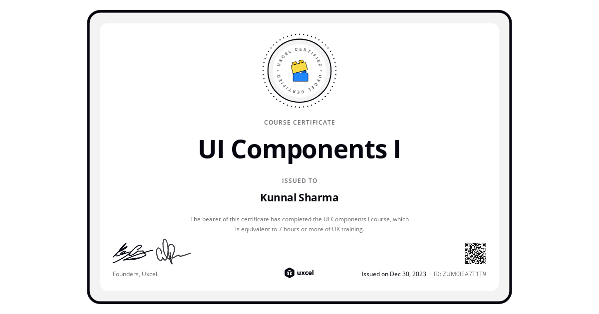 Certificate of completion for UI Components I | Uxcel