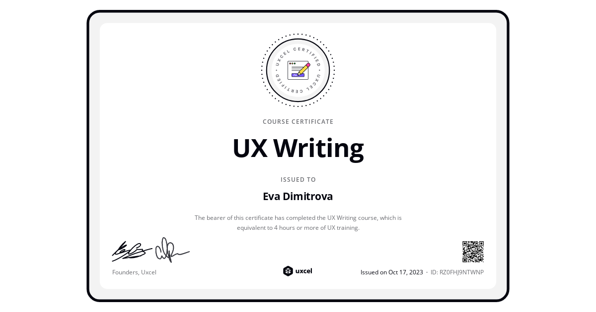 Uxcel Course Certificate of Completion | Uxcel