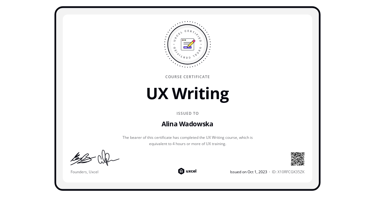 Certificate of completion for UX Writing | Uxcel