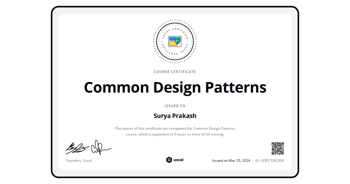 Certificate of completion for Common Design Patterns | Uxcel