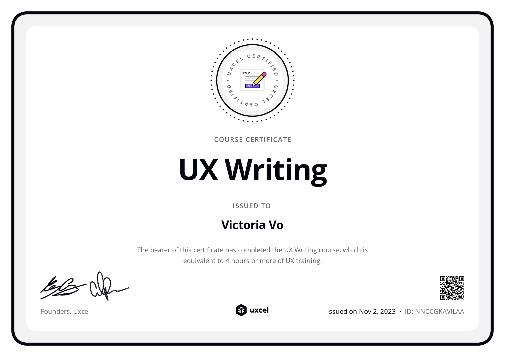 Certificate of completion for UX Writing | Uxcel
