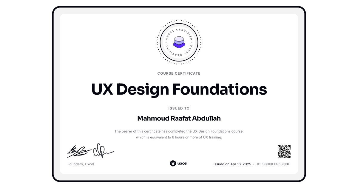 Certificate of completion for UX Design Foundations | Uxcel