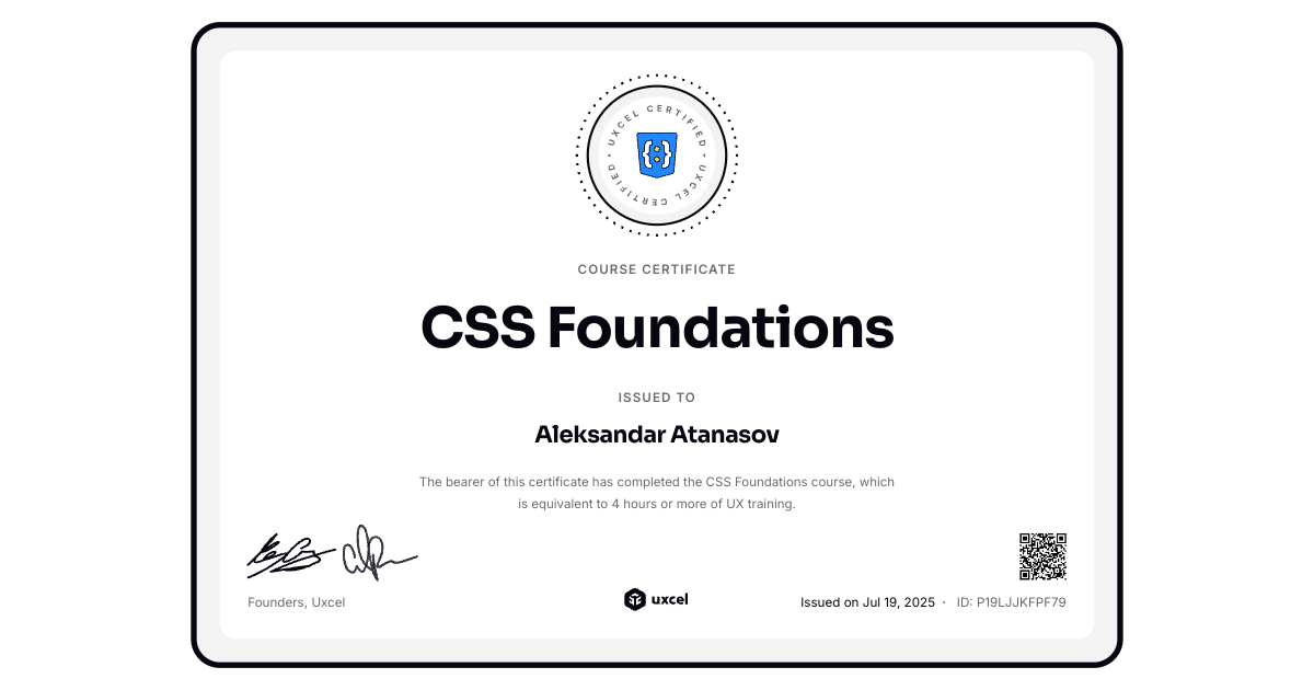 Certificate of completion for CSS Foundations | Uxcel
