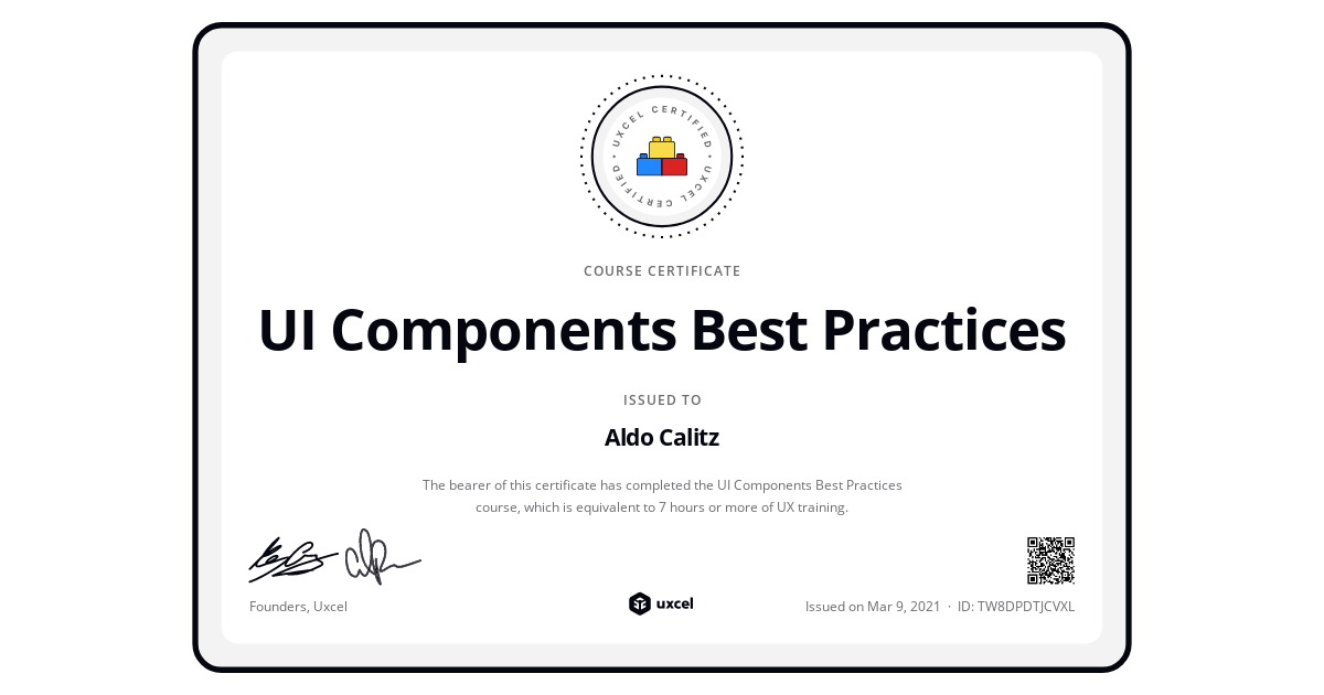 Certificate of completion for UI Components II | Uxcel