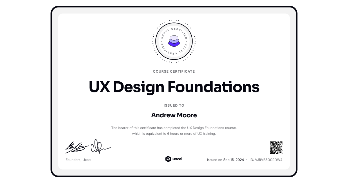 Certificate of completion for UX Design Foundations | Uxcel
