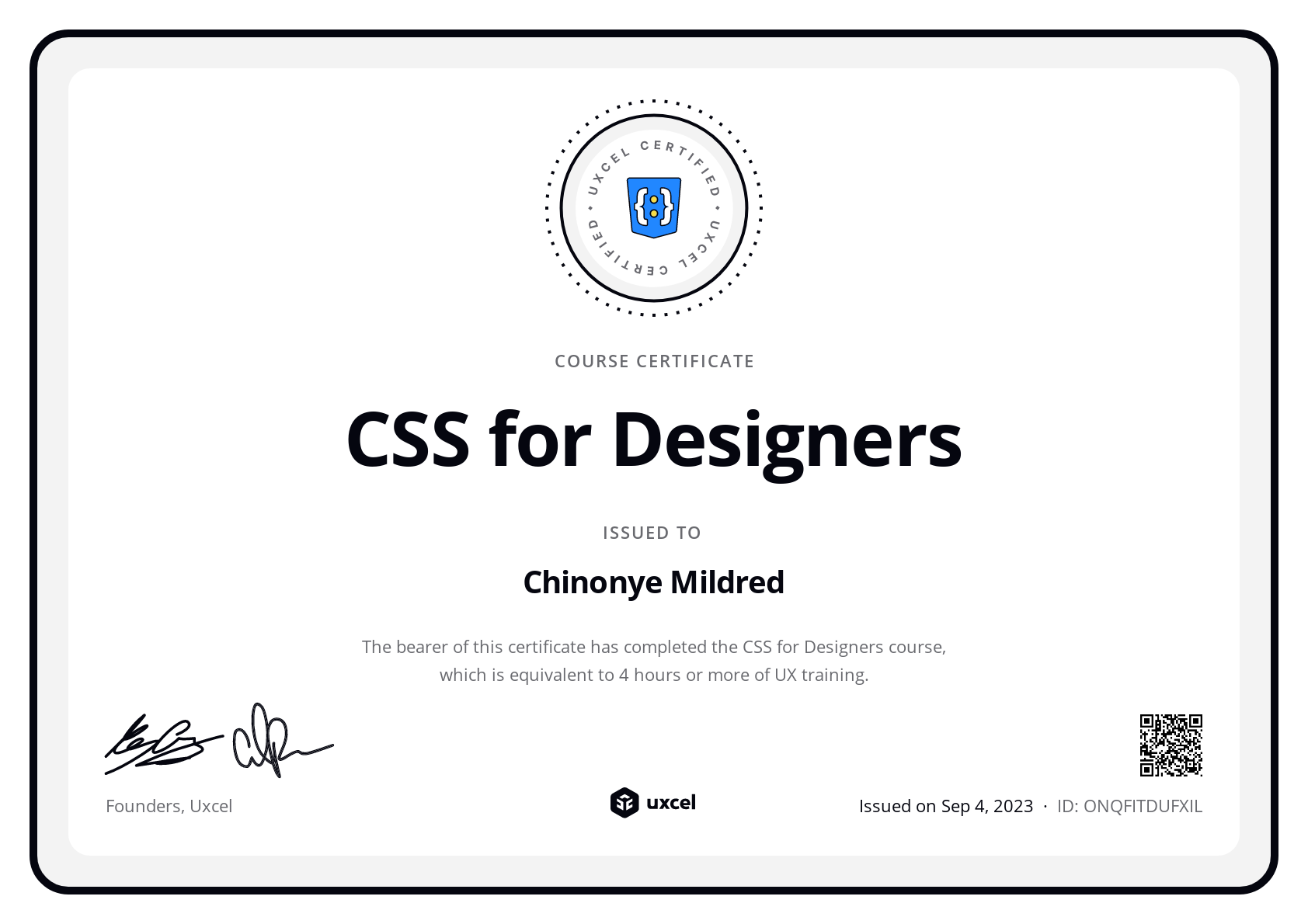 Certificate of completion for CSS Foundations | Uxcel