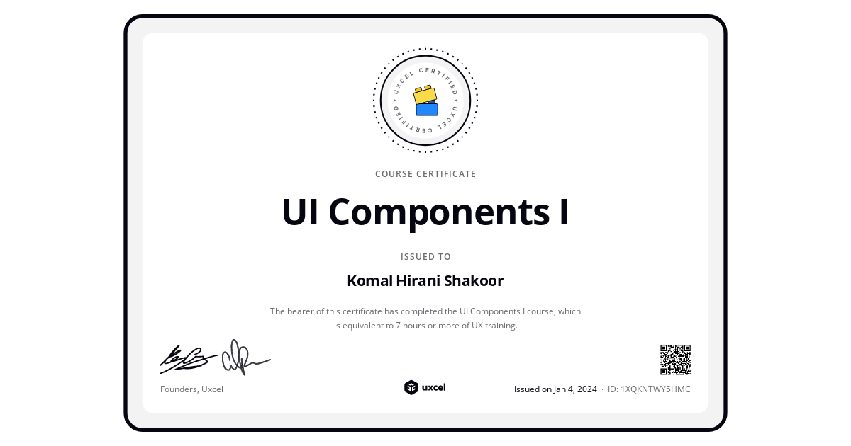 Certificate of completion for UI Components I | Uxcel