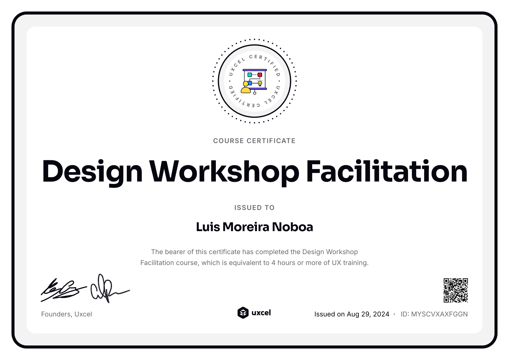 Certificate of completion for Workshop Facilitation | Uxcel