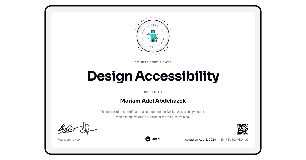 Certificate of completion for Accessibility Foundations | Uxcel