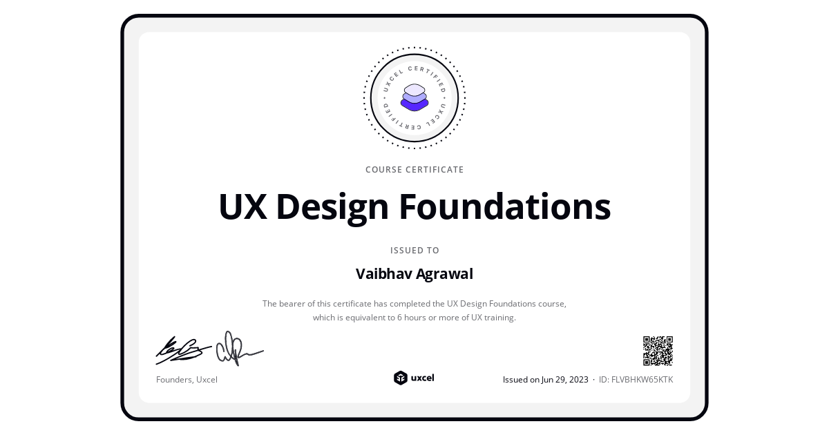 Certificate of completion for UX Design Foundations | Uxcel