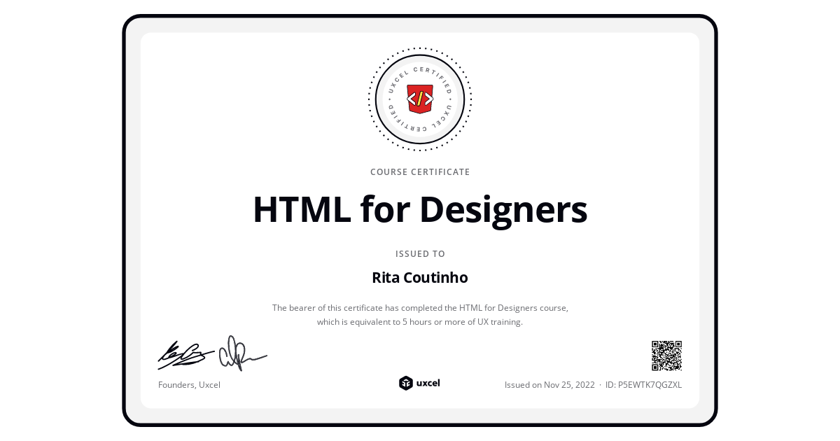 Certificate of completion for HTML Foundations | Uxcel