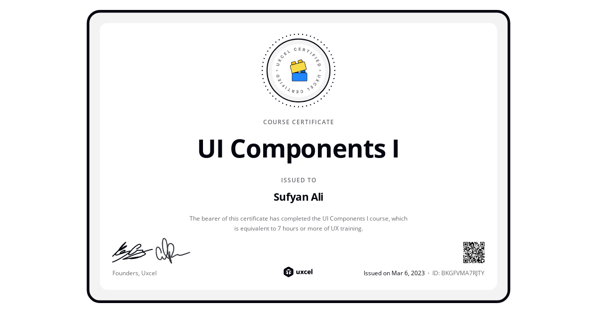 Certificate of completion for UI Components I | Uxcel